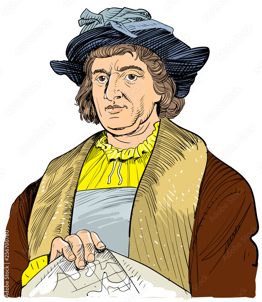 Christopher Columbus colored portrait in line art illustration Stock ...