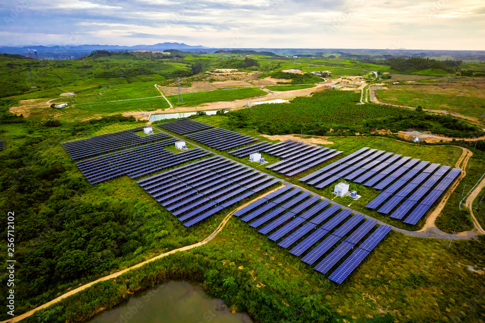 Solar photovoltaic panel with aerial green vegetation base Stock Photo ...