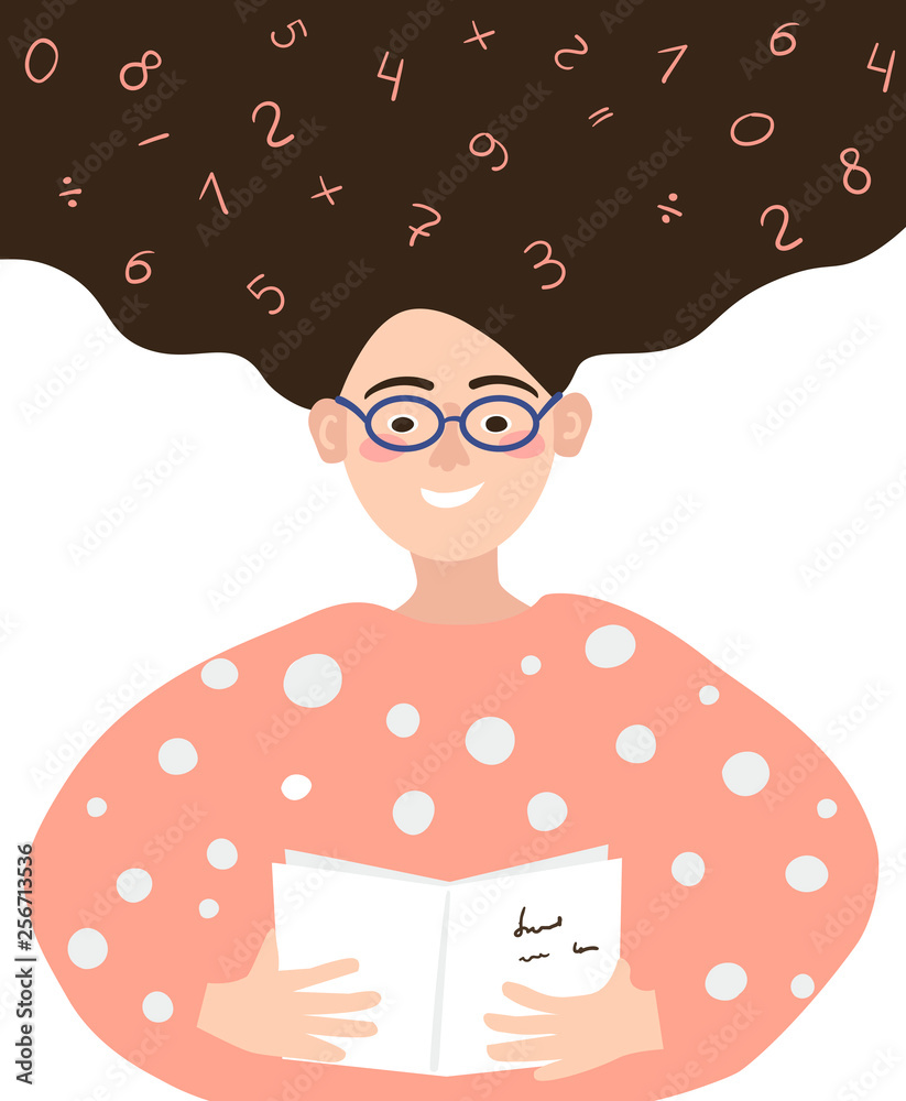 Cute girl with glasses and a jacket coral color reading a book. In the ...