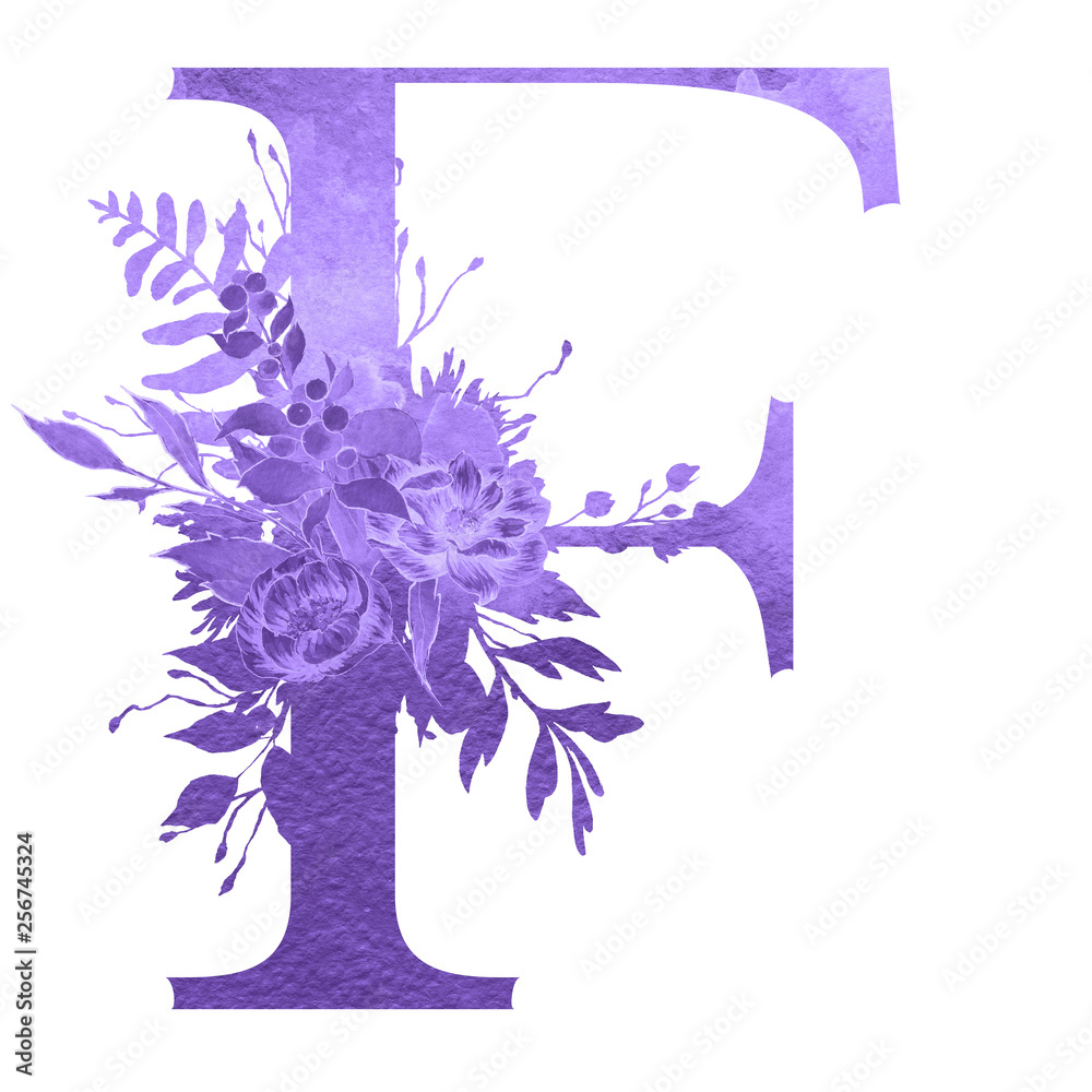 Violet ombre and gradient watercolor letter of the alphabet with ...