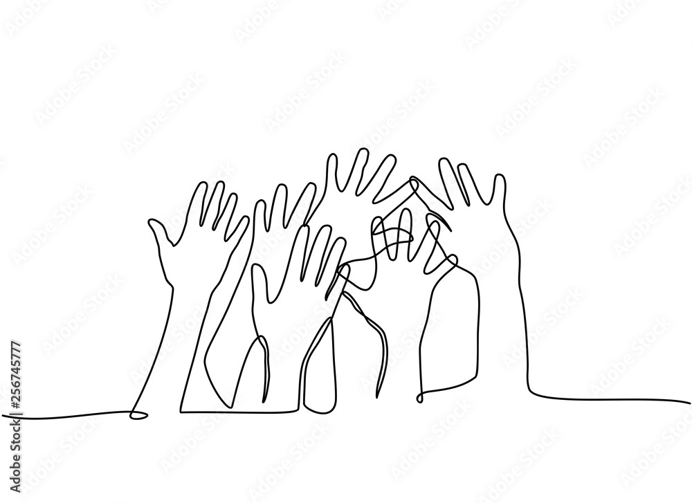continuous line drawing. Multiethnic men and women raising hands ...