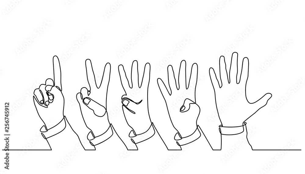 continuous line drawing. counting hands on the finger of one to five ...