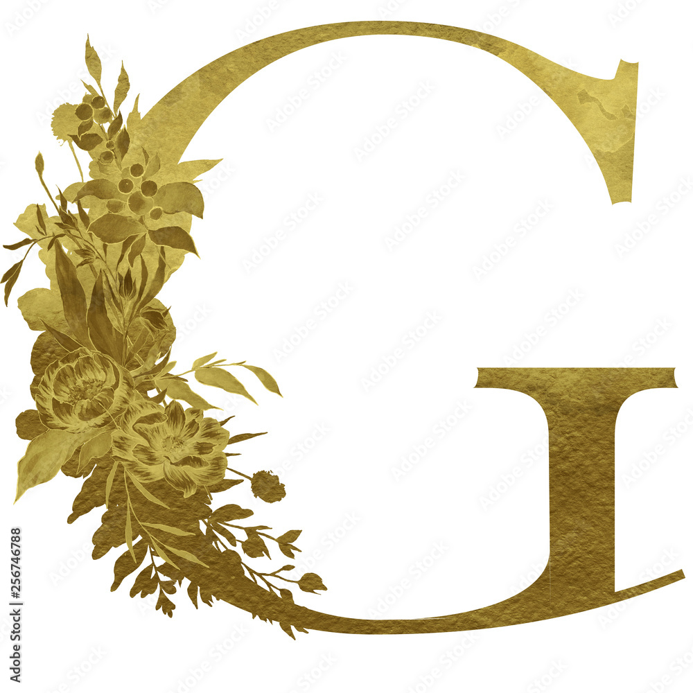 Gold ombre and gradient watercolor letter of the alphabet with flowers ...