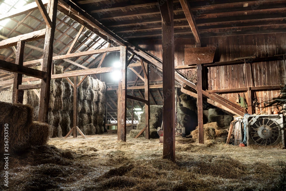 Barn Interior Wooden Light Beams Hay Bales Rustic Stock Photo | Adobe Stock