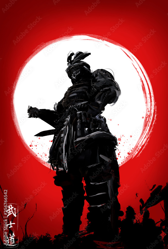 Creepy samurai stands in a dynamic perspective on the background of a ...