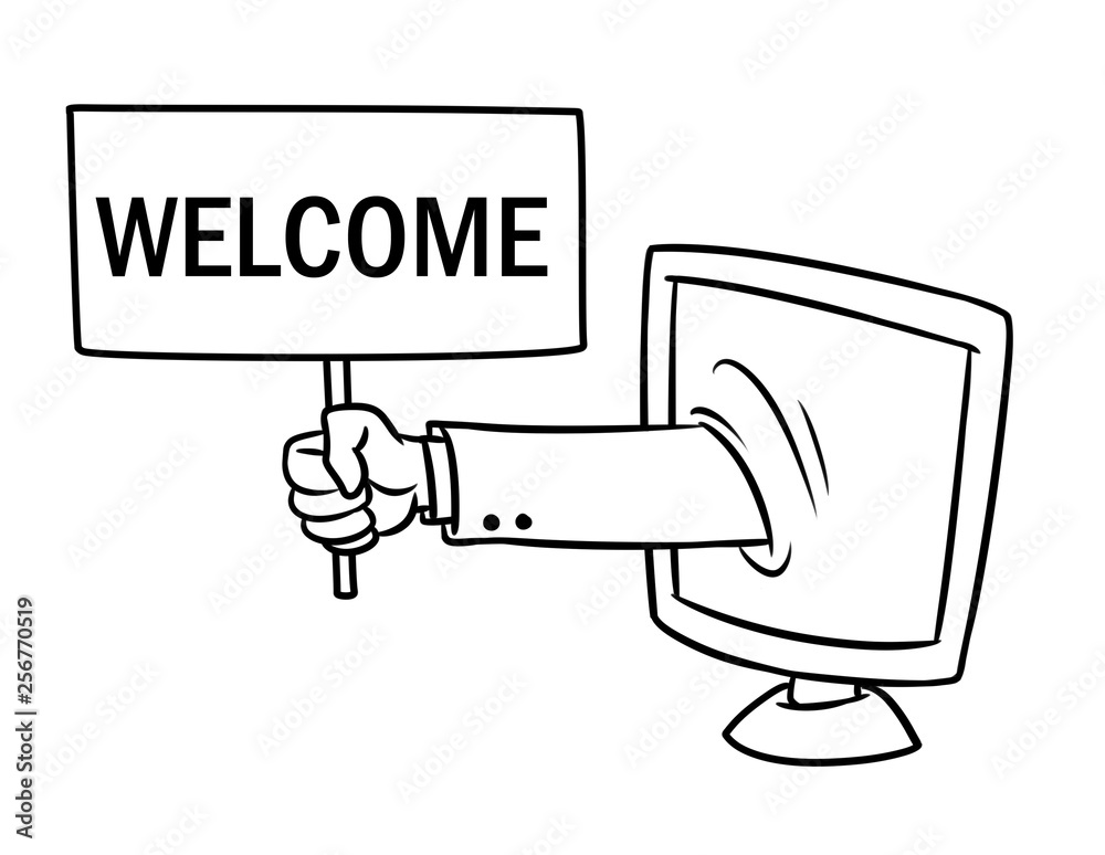 Computer website welcome hand sign cartoon illustration isolated image ...
