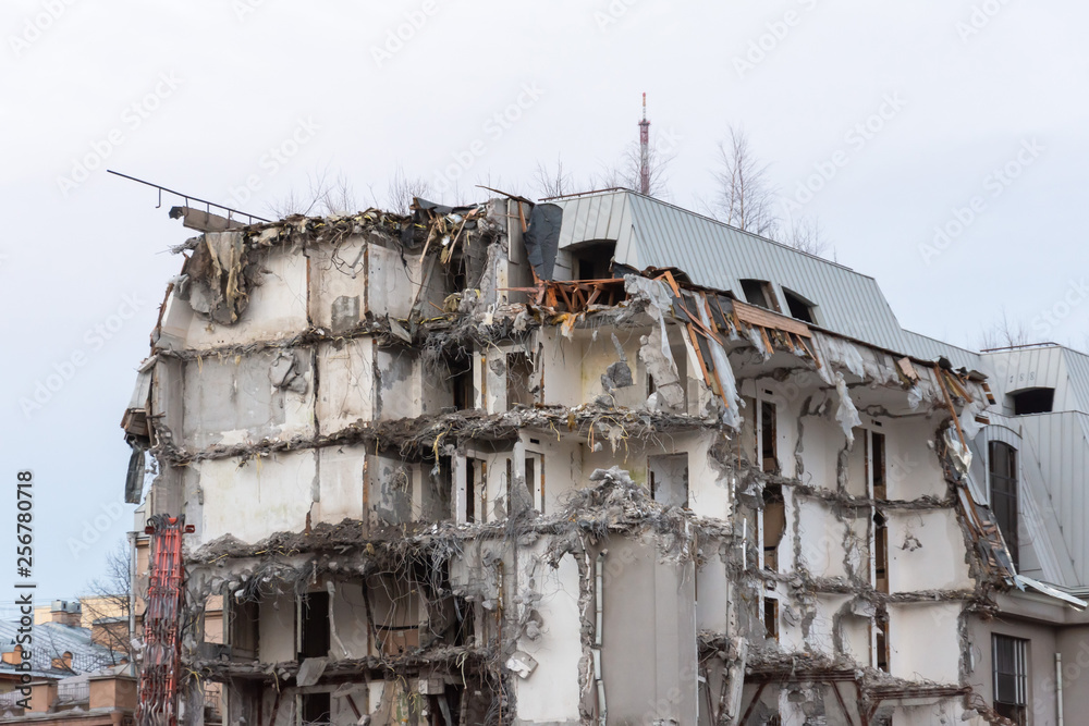 Destroyed building after demolition, man-made accident. Engineering and ...