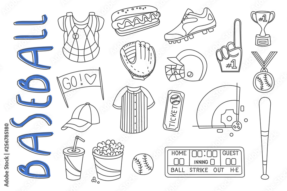 Set of sport related icons in doodle style. Baseball equipment ...