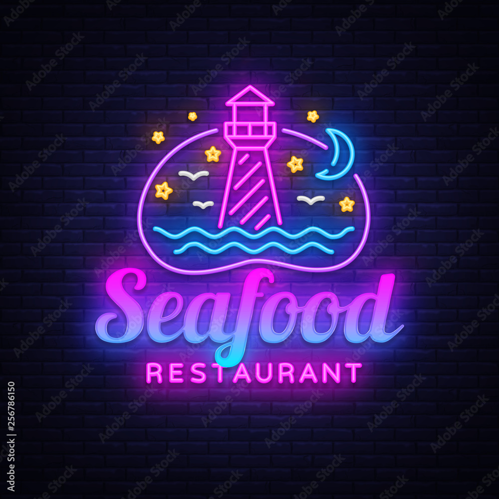 Seafood Restaurant neon sign vector. Seafood Design template ...