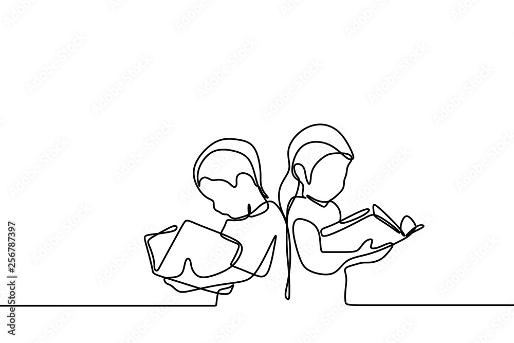 Children read book one continuous line drawing education theme Stock ...