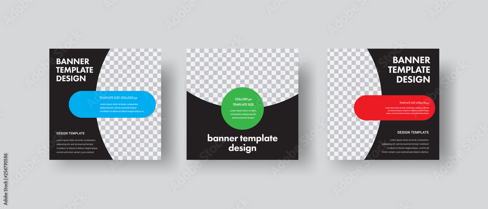 Design of black square web banners with round and semicircular shapes ...