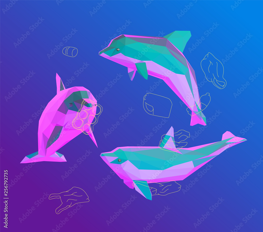 Vaporwave Dolphin. Set of Psychedelic Dolphins and Ocean Pollution on ...
