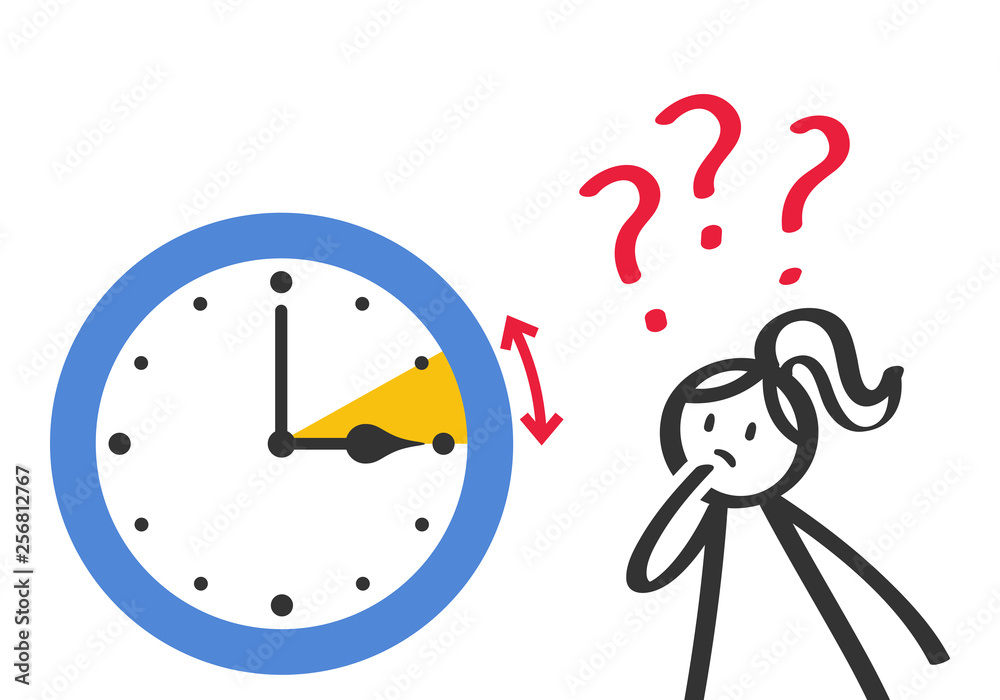 Zeitumstellung, Frau schaut auf Uhr mit Fragezeichen Stock Vector ...