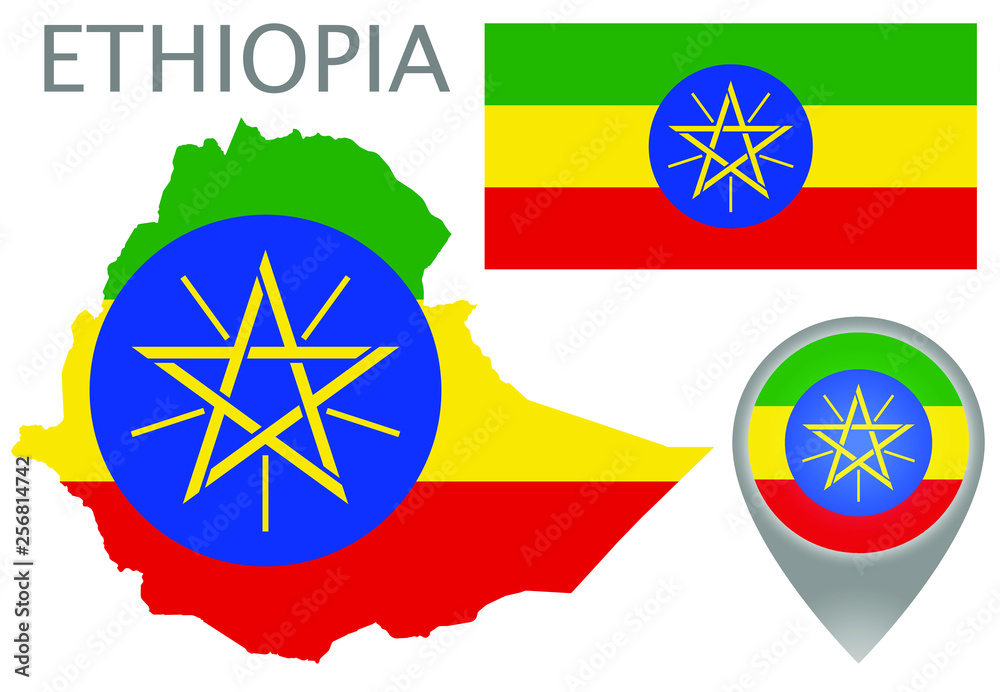 Colorful flag, map pointer and map of Ethiopia in the colors of the ...