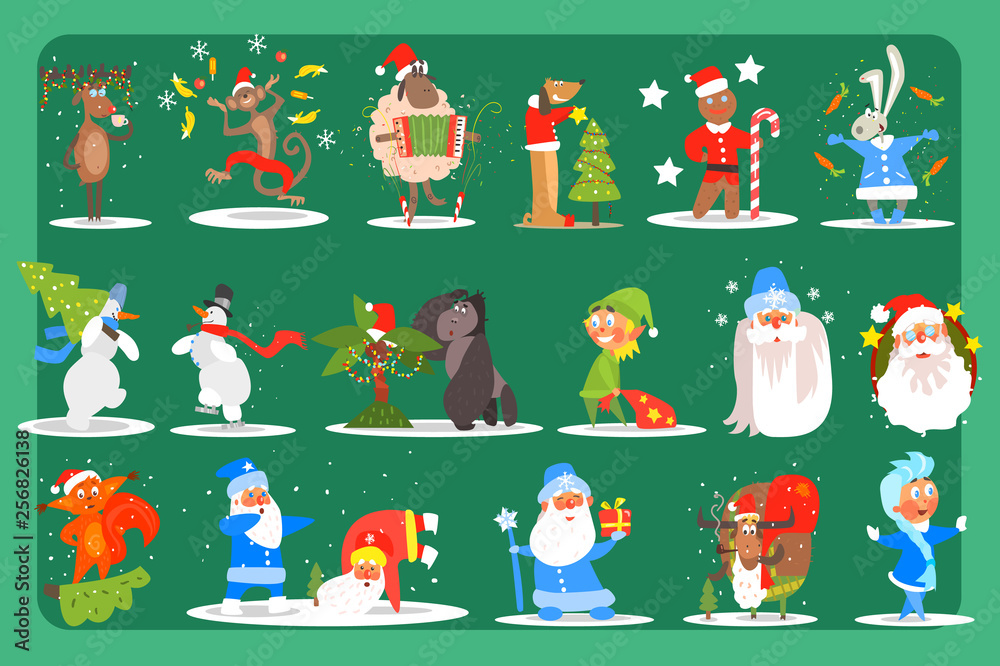 Flat vector set of funny Christmas characters deer, monkey, sheep, dog ...