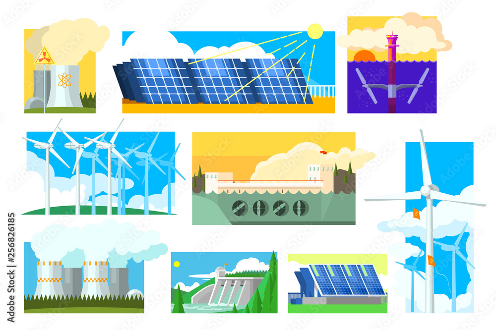 Vector set of alternative energy sources. Electricity production ...