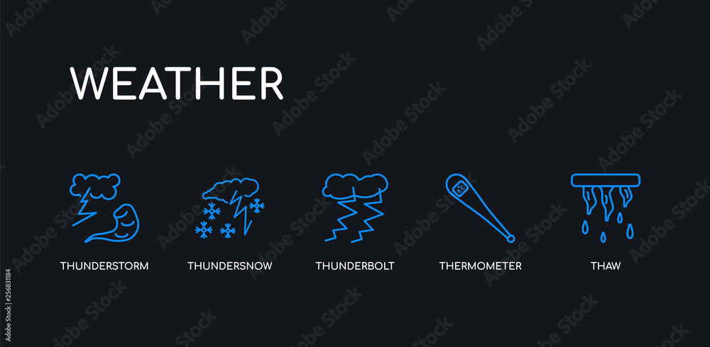 5 outline stroke blue thaw, thermometer, thunderbolt, thundersnow ...
