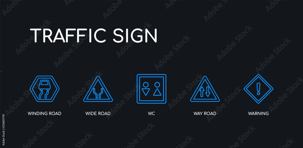5 outline stroke blue warning, way road, wc, wide road, winding road ...