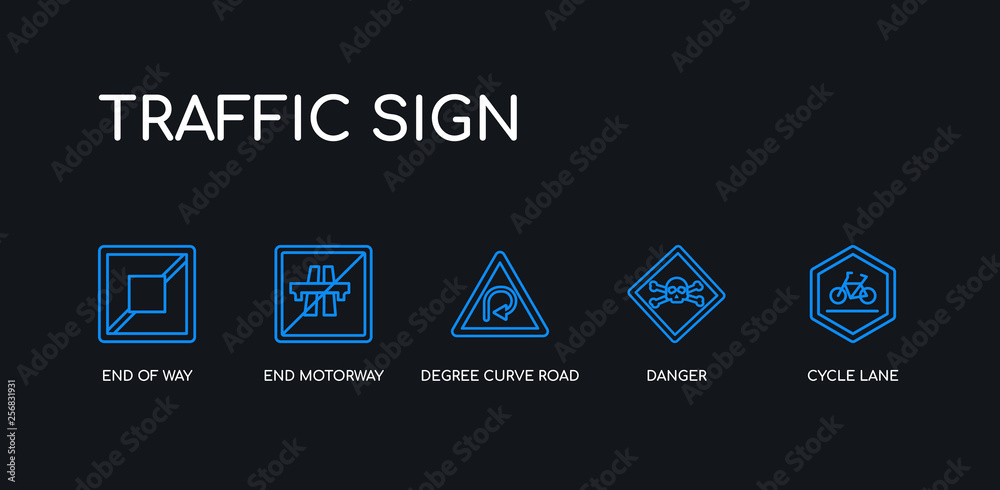 5 outline stroke blue cycle lane, danger, degree curve road, end ...
