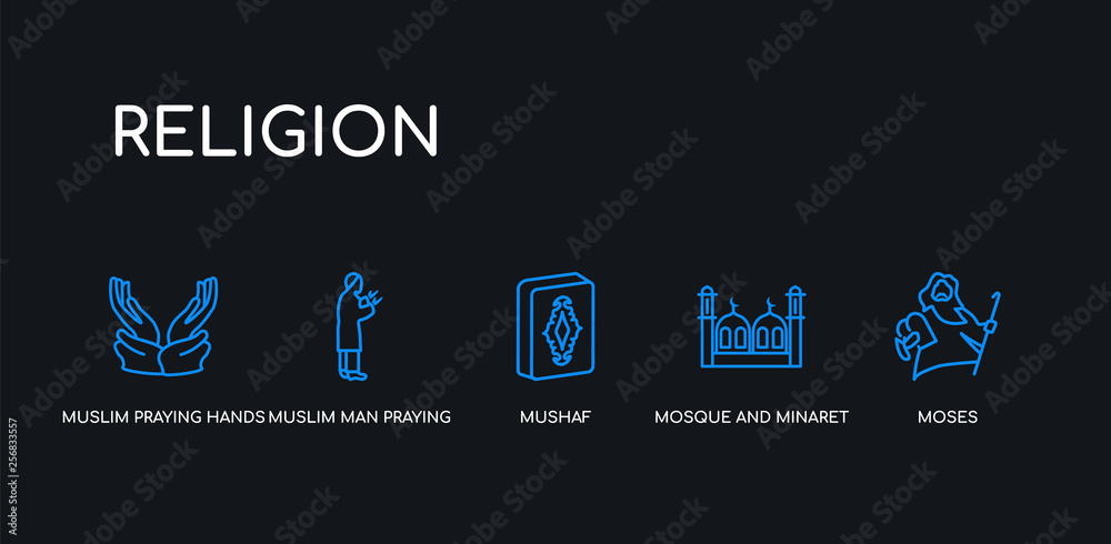 5 outline stroke blue moses, mosque and minaret, mushaf, muslim man ...