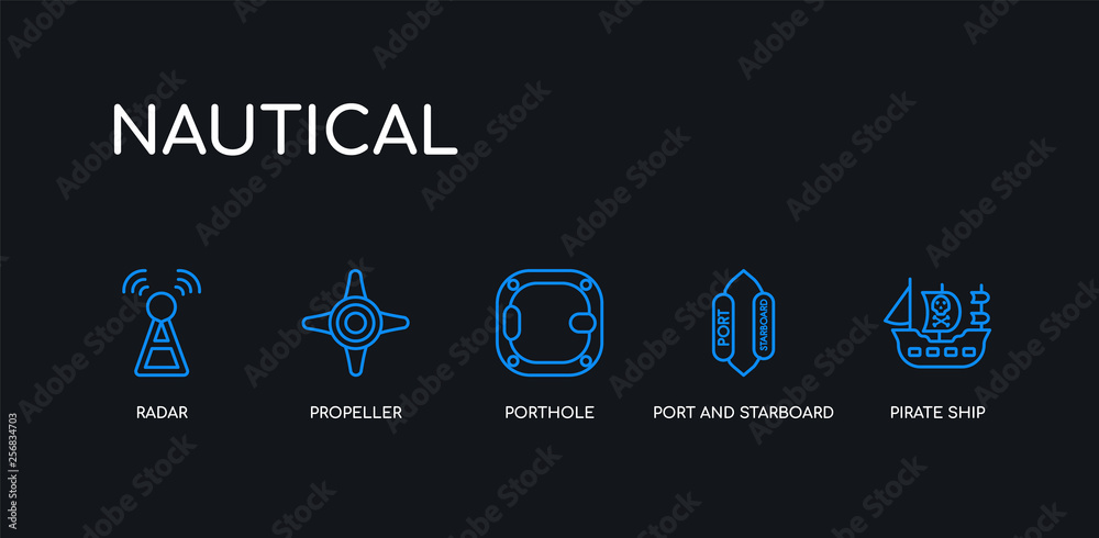 5 outline stroke blue pirate ship, port and starboard, porthole ...