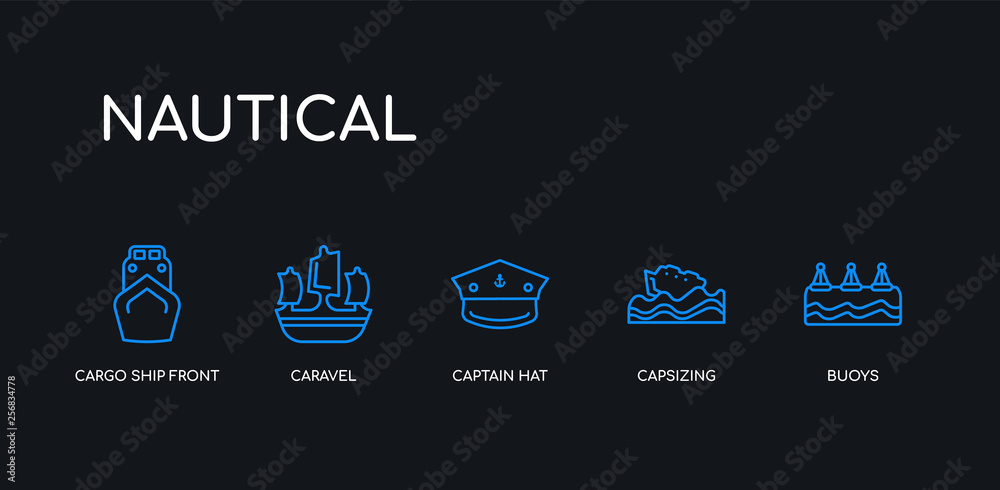 5 outline stroke blue buoys, capsizing, captain hat, caravel, cargo ...