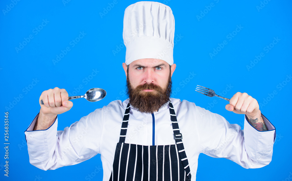 Lets try dish. Hungry chef ready to try food. Time to try taste. Chef ...