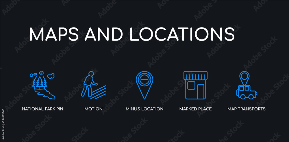 5 outline stroke blue map transports, marked place, minus location ...