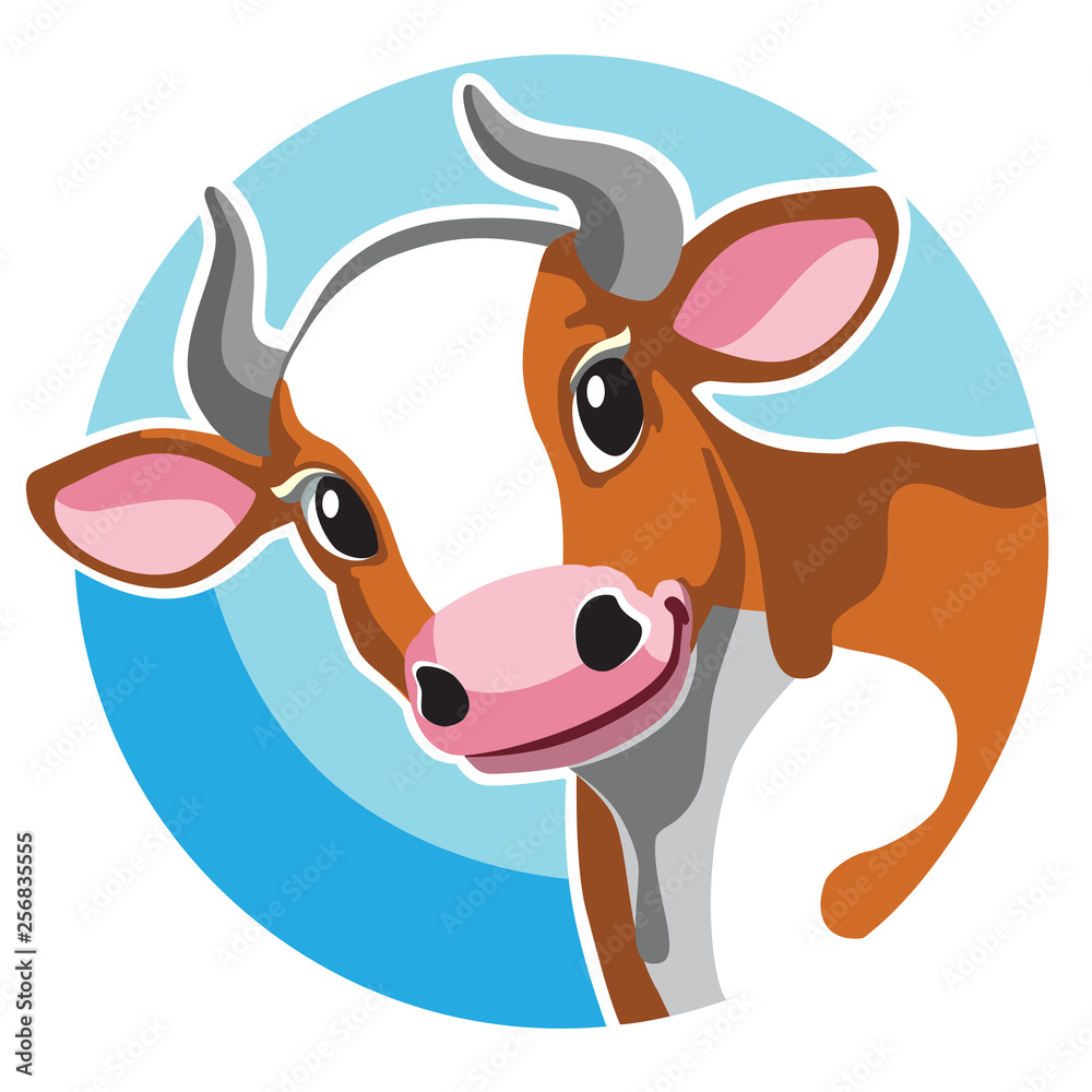head of brown spotted cow in circle shape . Cartoon icon, logo , emblem ...