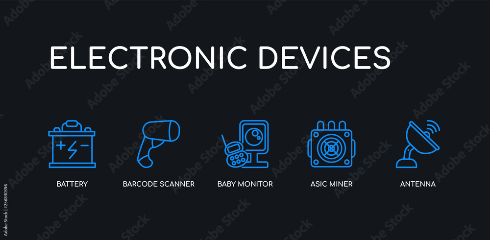 5 outline stroke blue antenna, asic miner, baby monitor, barcode ...