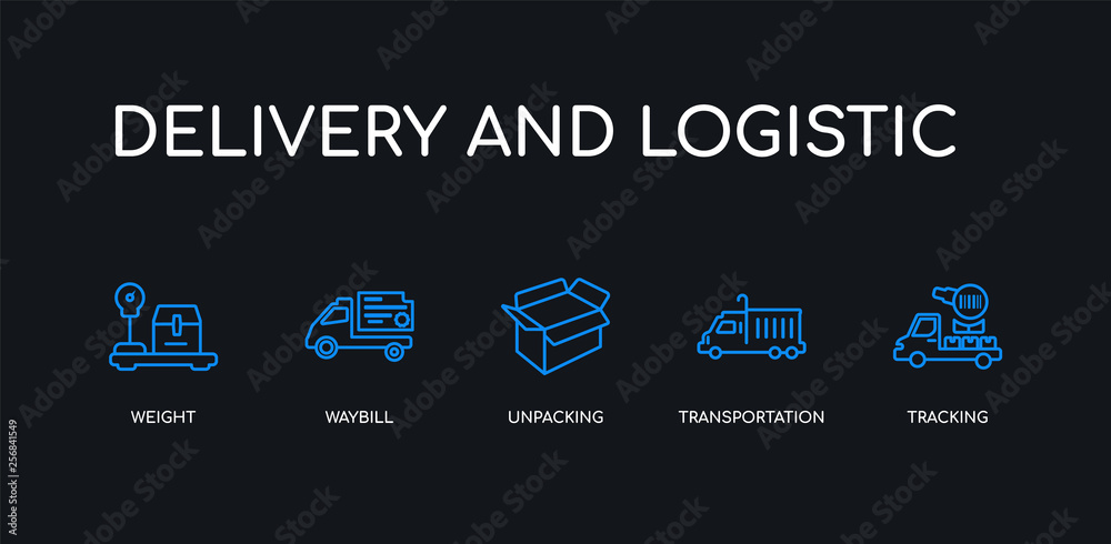 5 outline stroke blue tracking, transportation, unpacking, waybill ...