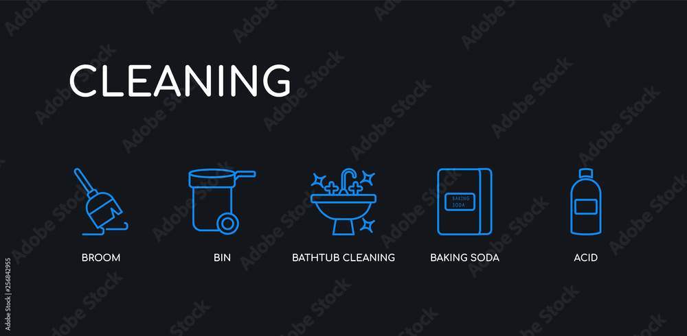 5 outline stroke blue acid, baking soda, bathtub cleaning, bin, broom ...