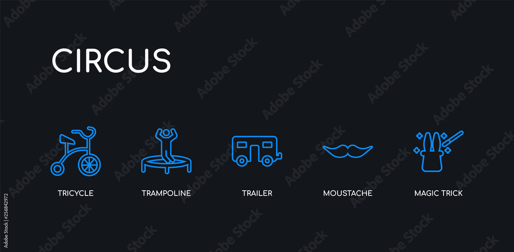 5 outline stroke blue magic trick, moustache, trailer, trampoline ...