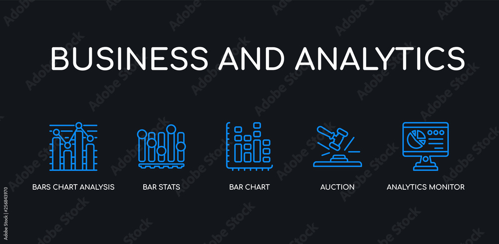 5 outline stroke blue analytics monitor, auction, bar chart, bar stats ...