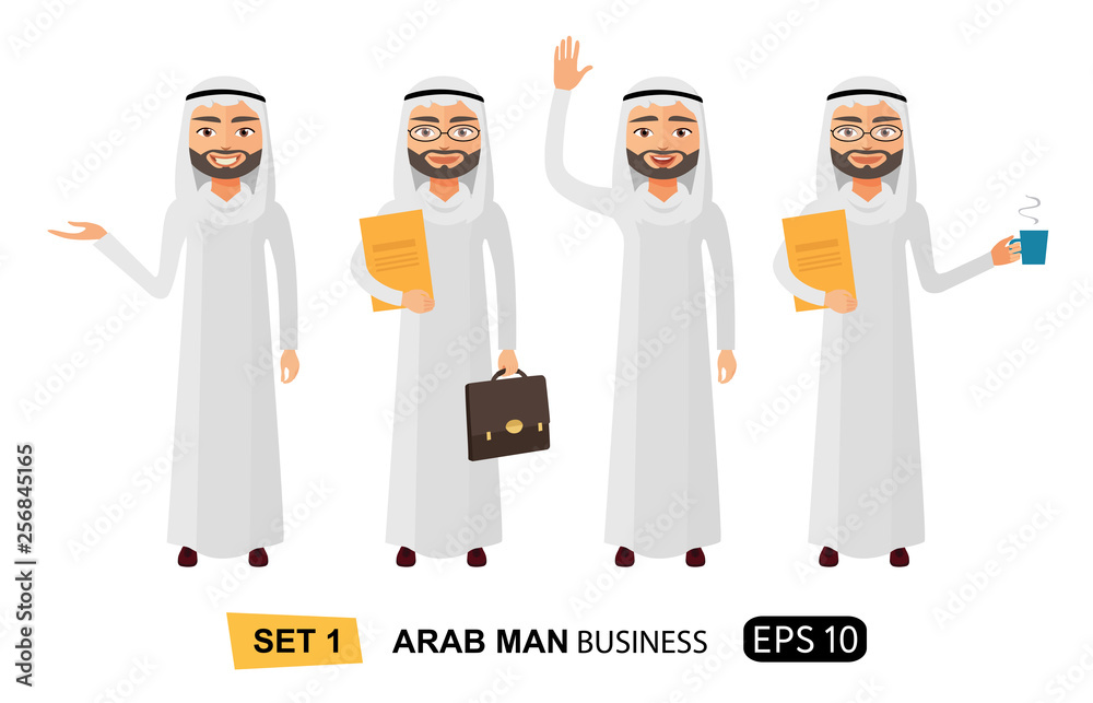 Arab business man set flat cartoon vector illustration isolated on ...