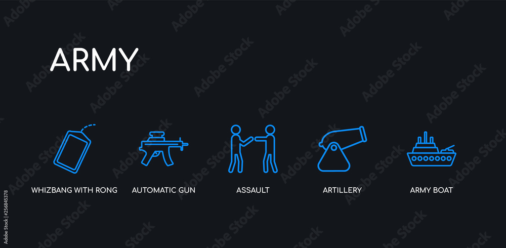 5 outline stroke blue army boat, artillery, assault, automatic gun ...