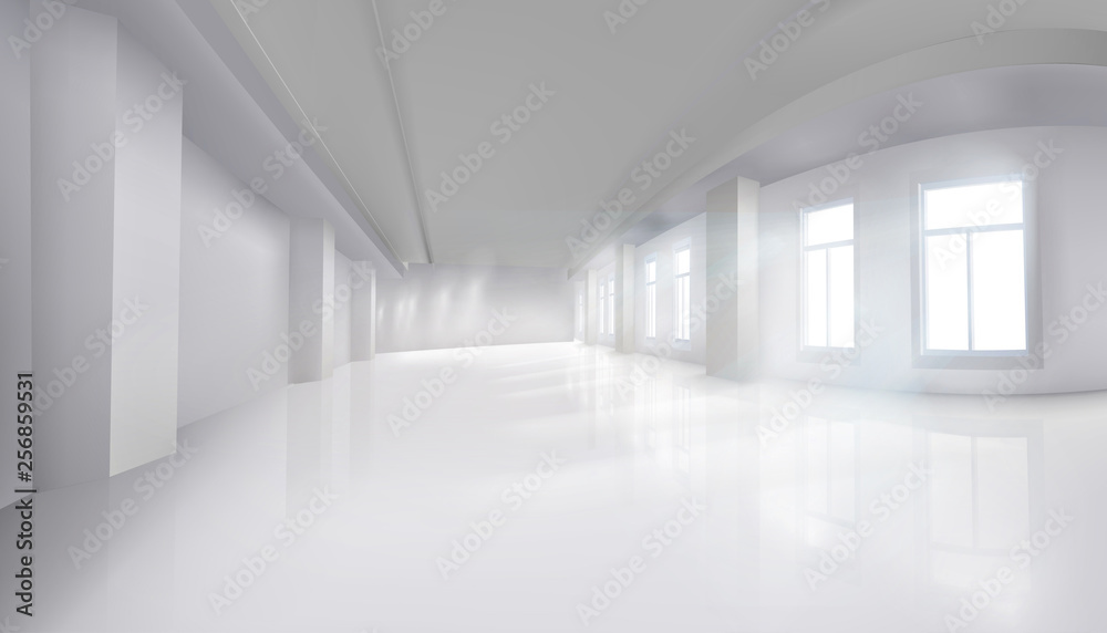 Interior in an office building. Empty hall with windows. Shopping ...