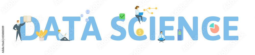 DATA SCIENCE. Concept with people, letters and icons. Colored flat ...
