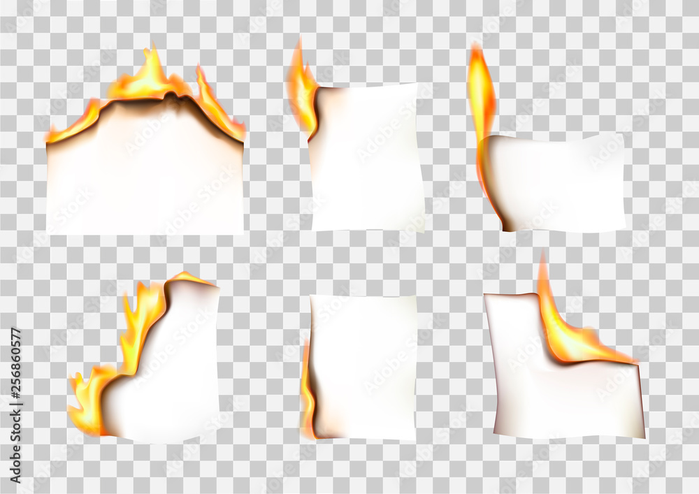 set of paper pieces burning in fire on a transparent background vector ...