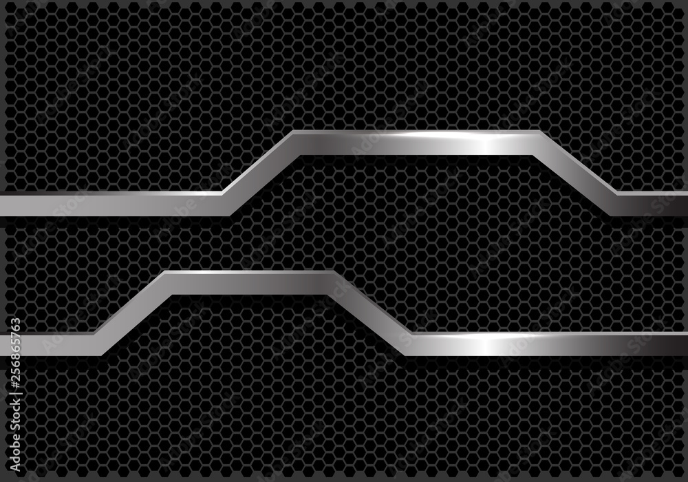 Abstract silver line polygon banner on dark grey hexagon mesh design ...