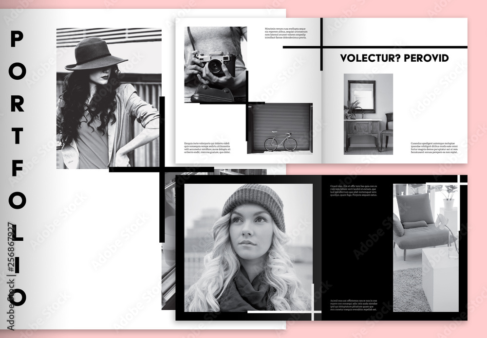 Minimalist Square Portfolio Layout with Black and White Accents Stock ...
