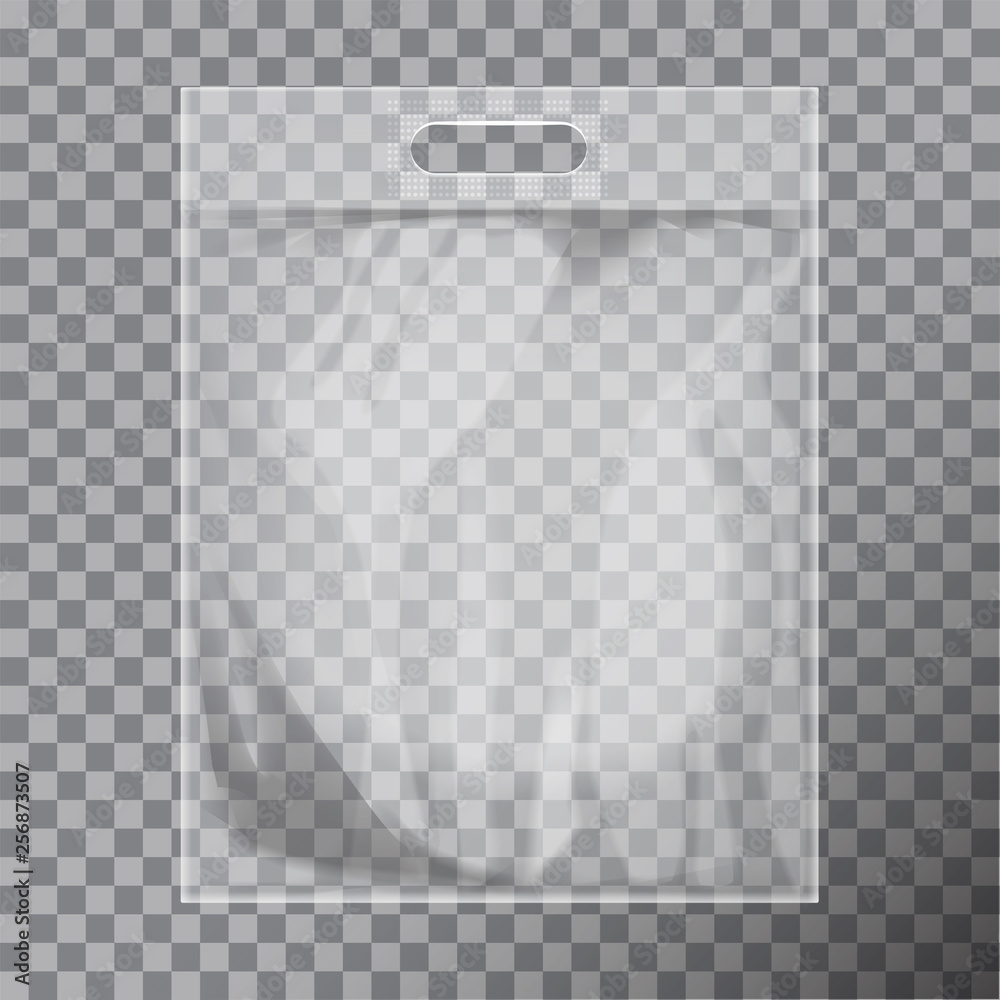 Empty transparent blank plastic bag mock up isolated. Consumer pack ...