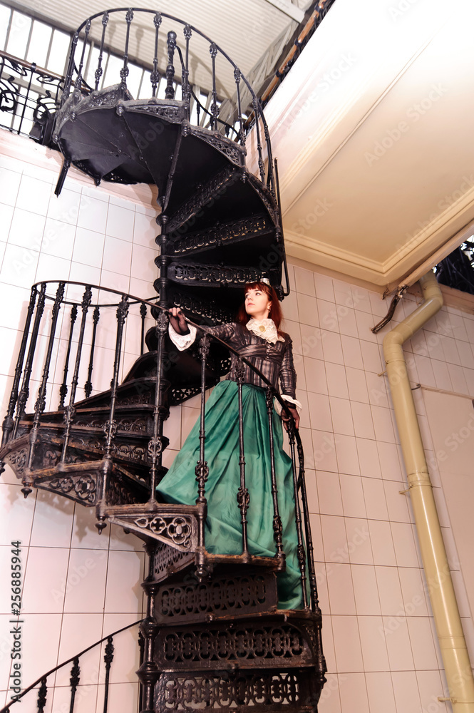 girl in a vintage dress with a green skirt in the style of steampunk on ...