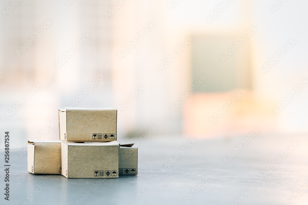 Parcel box with city backgrounds. Growing profit of business and import ...