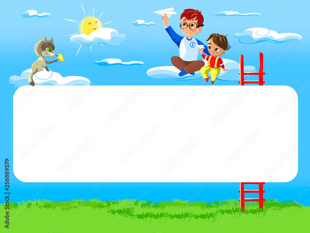 Summer Kids. Illustration of kids playing on clouds with a paper ...
