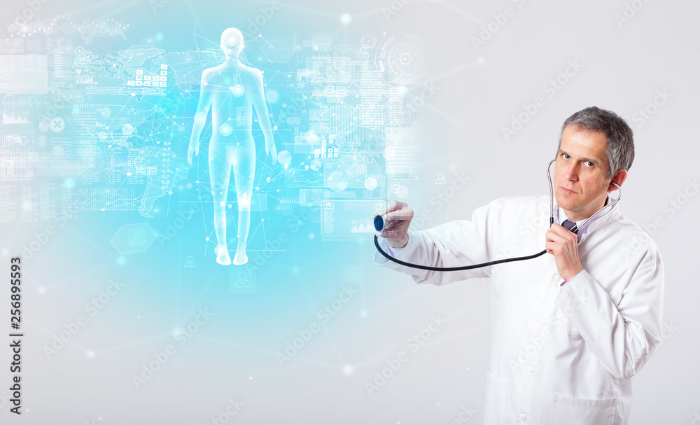 Middle aged scientist with full body map concept Stock Photo | Adobe Stock