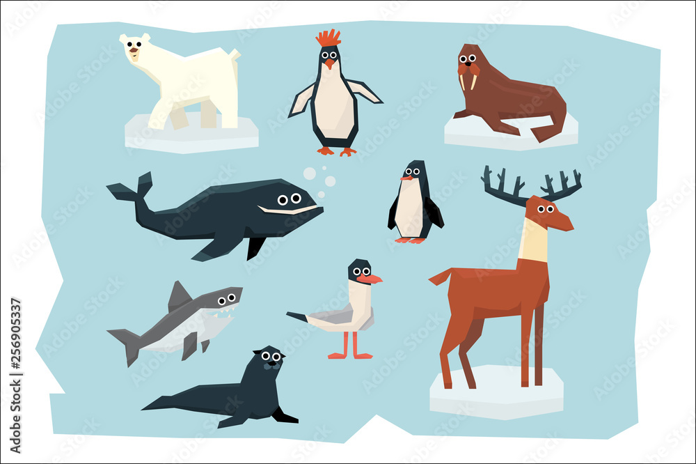 Cartoon collection of different Arctic and Antarctic animals. Polar ...