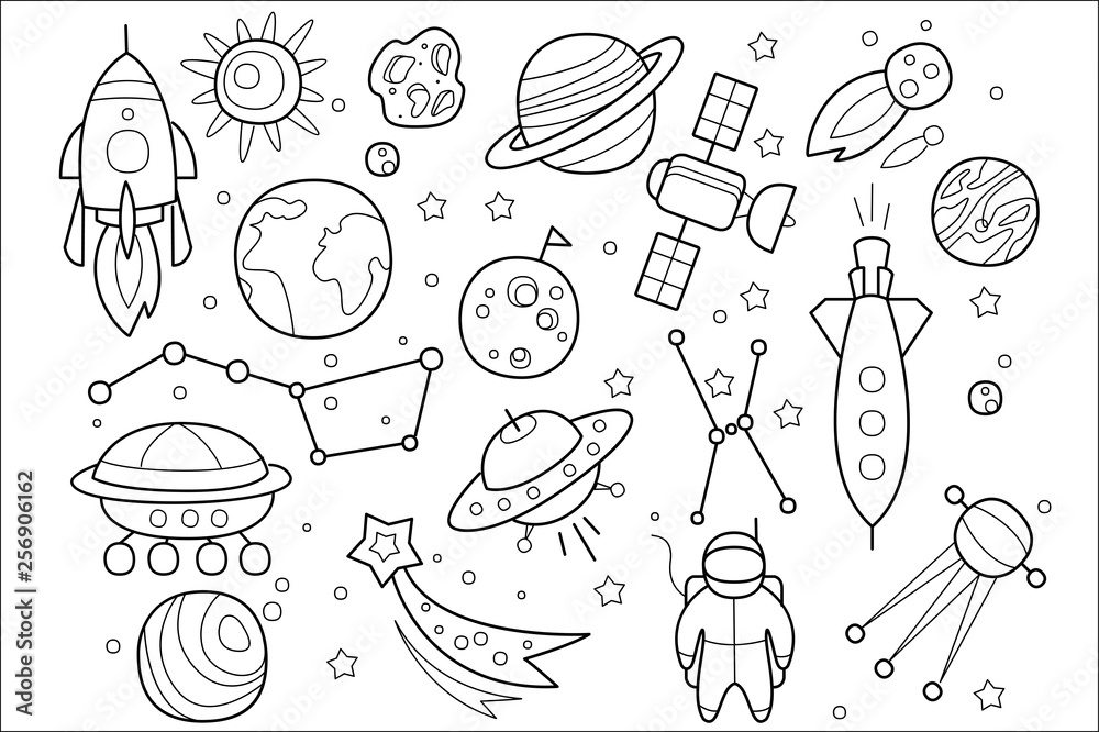 Vector set of hand drawn space objects. Flying saucers of aliens ...