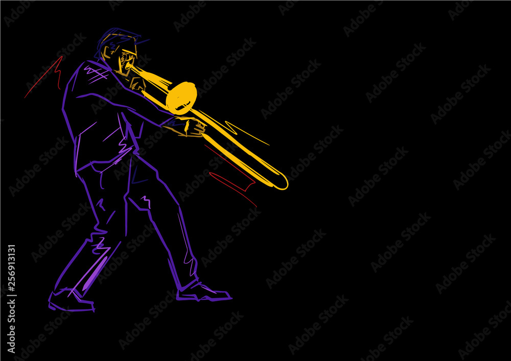 Trombonist on stage. Neon colors. Colorful lines on black background ...