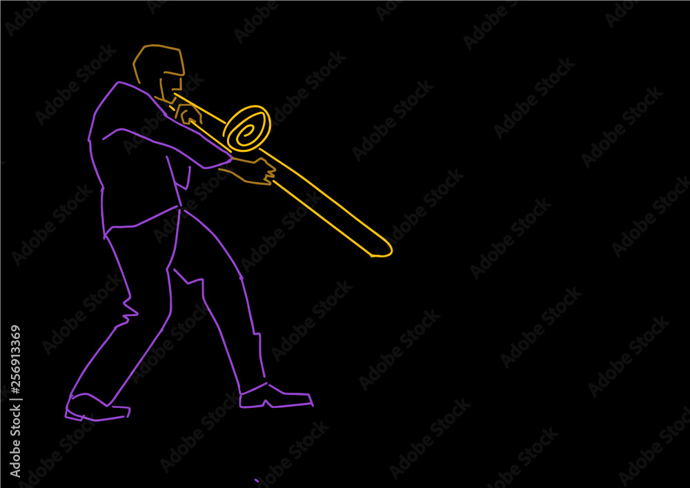 Trombonist. Musical illustration. Hand drawn colorful contour on black ...